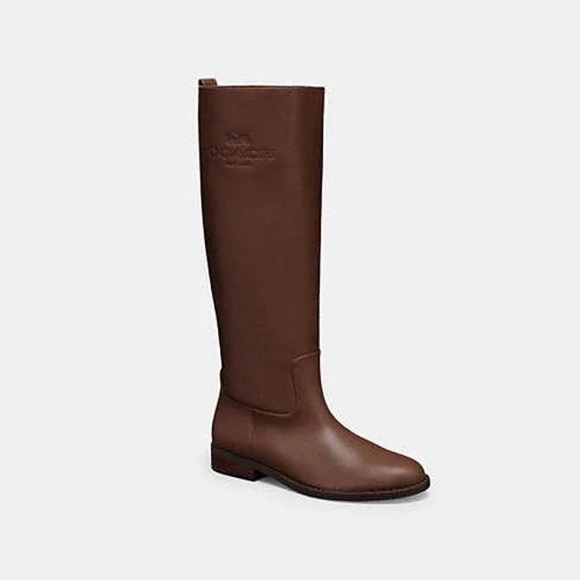 Coach | Shoes | Coach Brown Marlin Leather Heeled Boots Extended Calf ...